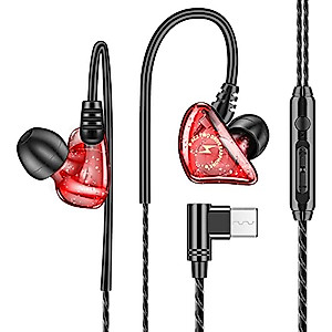 HoneyAKE USB Type C Headphone Earbuds Earphones with Microphone (Mic) in-Ear Wired Volume Control for Samsung Galaxy S8 Google Pixel 2 XL OnePlus 5 5T 3T, Over Ear Buds for Kids Women Small Ears Red