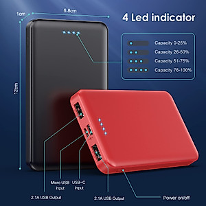 [2 Pack] Portable Charger Power Bank 10000mAh,Ultra Slim Compact External Battery Pack with USB C Input & Dual USB Outputs Backup Charger Compatible with iPhone 13,12, Samsung S20,Tablet-Black+Red