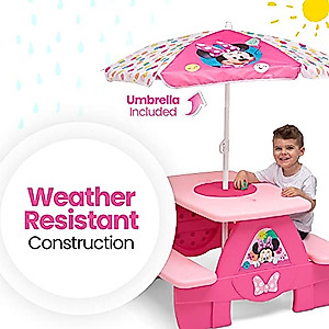Delta Children 4 Seat Activity Picnic Table with Umbrella and Lego Compatible Tabletop, Minnie Mouse, 32.5 in x 34.25 in x 53.5 in