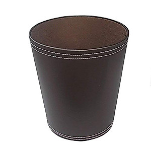KINGFOM Classic Pu Leather Trash Can Wastebasket, Garbage Container Can for Bathrooms, Powder Rooms, Kitchens, Home, Office and and High Class Hotel Round Brown
