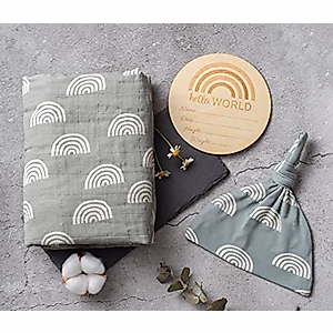 Miaoberry 100% Organic Cotton Muslin Blanket| Sage Green Rainbow Baby Swaddle Set| Newborn Boy Girl Unisex Neutral| Boho Vintage Monthly Picture Blanket