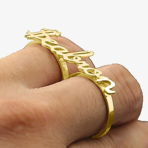Ouslier Personalized 925 Sterling Silver Two Fingers Name Ring Custom Made with Any Names (Golden)