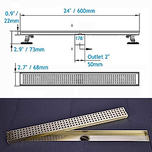 Nicmondo Linear Shower Drain 24 Inch, Bathroom Rectangular Floor Drain with Removable Cover Grid Grate, Adjustable Leveling Feet, Hair Strainer, SUS304 Stainless Steel Trench Drains, Brushed Gold