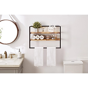 Metal Industrial 2 Tier Bathroom Shelves Wall Mounted,24" Bathroom Shelf with Towel Bar,Wall Shelf Towel Rack Over Toilet,Floating Shelves Towel Holder,Solid Wood Shelves with Metal Frame,Black