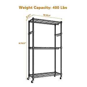 Tophorse T1 Heavy Duty Rolling Clothes Rack, Double Rods Clothing Rack for Hanging Clothes, Adjustable Metal Wire Garment Rack with Lockable Wheels & Side Hooks, Portable Closet Wardrobe Storage.