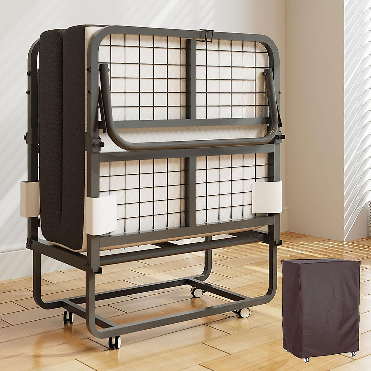 MUTUN Folding Bed with Mattress, Upgraded 5" Memory Foam Mattress Portable Foldable Guest Bed for Adults, Cot Fold Up Day Bed Rollaway Bed with Metal Frame on Wheels, Bed Cover Included 75" x 31"