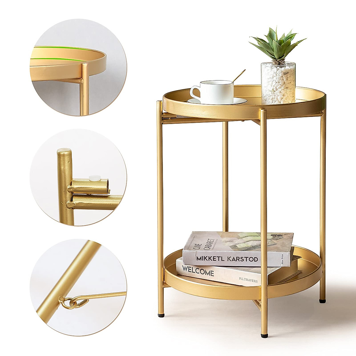 FUNME Gold Folding End Table 2-Tier Metal Round Side Table with Removable Tray for Living Room,(15.2''Dx20''H)