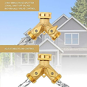 Garden Hose Splitter 2 Way - Heavy Duty Solid Brass Hose Y Splitter，Hose Faucet Splitter,3/4" Brass Hose Adapter Connectors Shut Off Valve, Hose Spigot Adapter 2 Valves, Plus 4 Extra Rubber Washers.