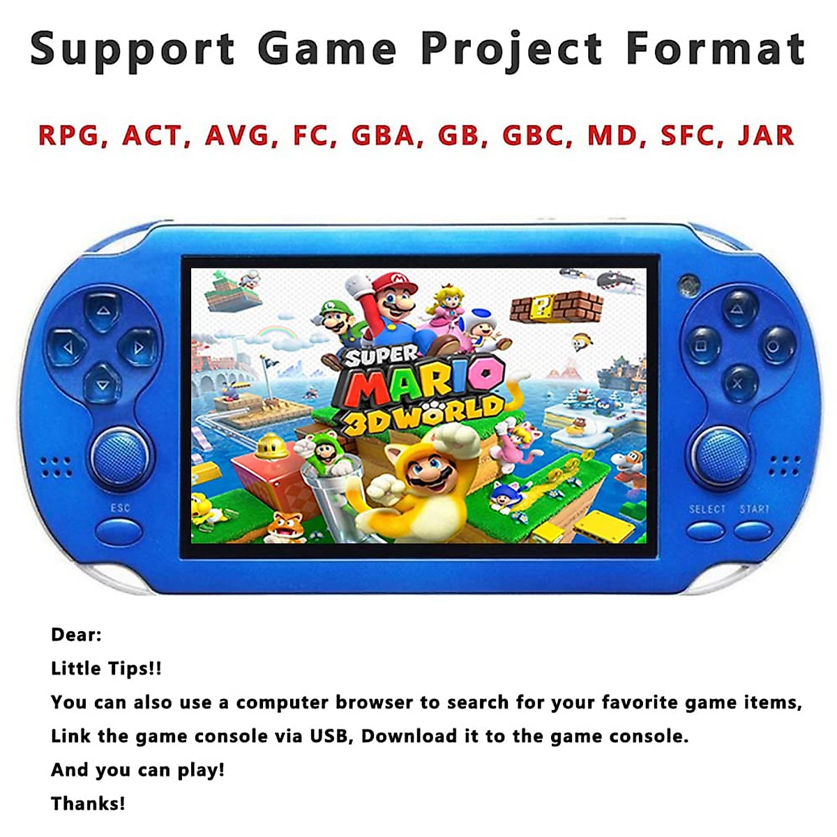 songlan-'A3' Classic 4.3" Portable Dual Joystick Handheld Game Console 10500+ Free Games 8GB Multifunctional Rechargeable Video Game Console Video Audio/Video/Music/E-Book/Picture/Recording