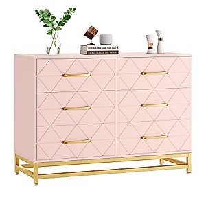 GarveeHome Dresser for Bedroom with 6 Drawer Double Dressers, Modern Wooden Dresser Chest, Beside Table for Closet, Nursery, Living Room, Pink