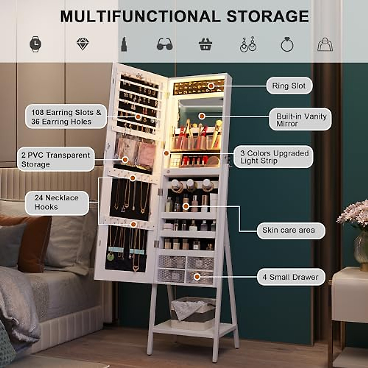 HNEBC Jewelry Cabinet Armoire with Lights,Lockable Jewelry Organizer Standing 47.2''Full-Length MirrorJewelry Boxes for Women Mirror with Jewelry Storage,Built-in LED Makeup Mirror/Drawer(White)