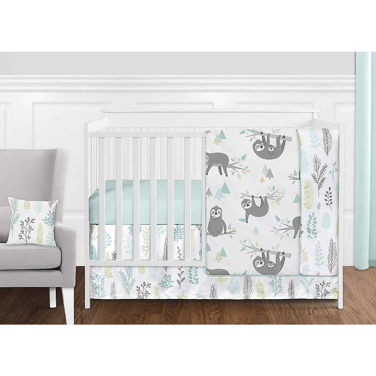 Sweet Jojo Designs Blue and Grey Jungle Sloth Leaf Baby Unisex Boy or Girl Nursery Crib Bedding Set - 11 pieces - Turquoise, Gray and Green Tropical Botanical Rainforest
