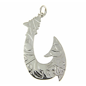 Arthur's Jewelry Koa Wood Hawaiian Wave Fish Hook Rhodium Plated Brass Reversible Pendant