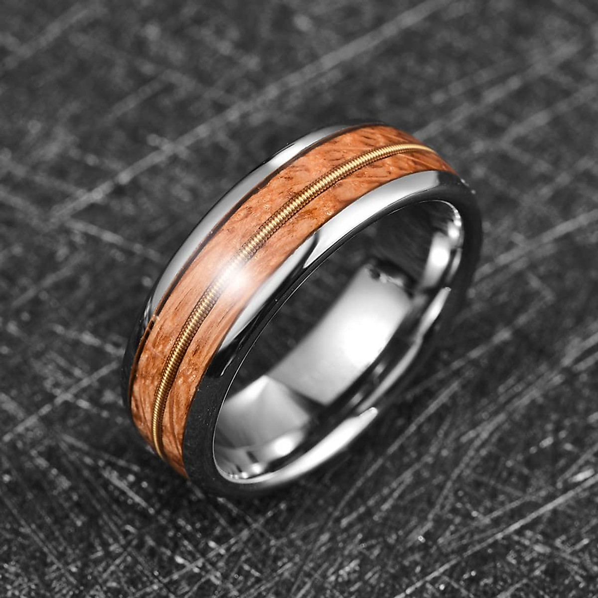 Corato 8mm Guitar Strings Rings Silver Tungsten Wedding Engagement Band Barrel Wood Inlay Size 12