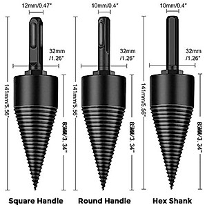 HENGZHE Firewood Log Splitter, 3pcs Drill Bit Removable Cones Kindling Wood Splitting logs bits Heavy Duty Electric Drills Screw Cone Driver Hex + Square + Round 32mm/1.26inch