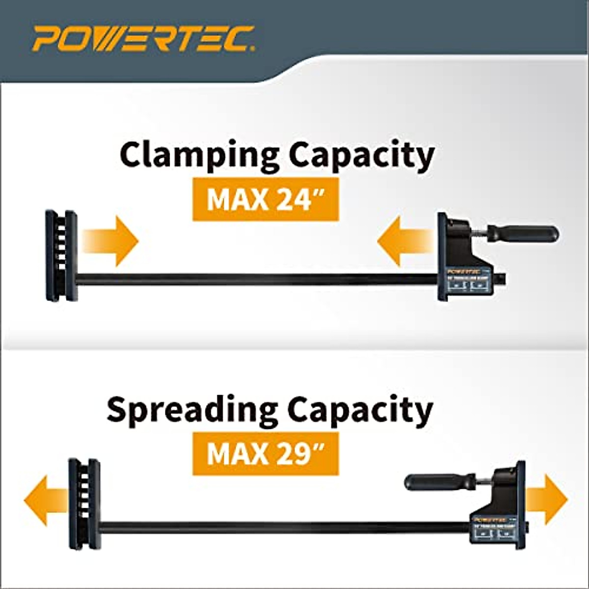 POWERTEC 71368 24-Inch Parallel Clamps for Woodworking | 90 Degree Heavy Duty Steel Bar Jaw Clamp Spreader Tool | 2PK