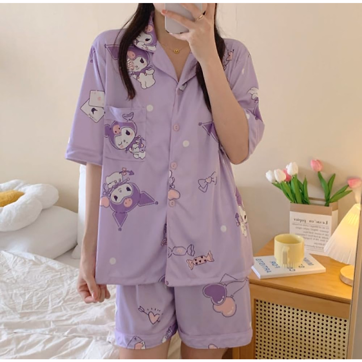 WANHONGYUE Kawaii Kuromi Pajamas for Women Girls Sleepwear Loungewear Short Sleeve Shirt with Shorts 2 Piece Pajama Sets Purple/1 M