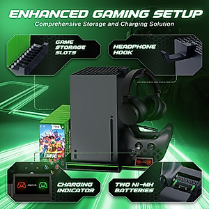 TNP Vertical Stand for Xbox Series X - Series X Charging Station for Controller with 2 Pack 300mAh Rechargeable Battery for Xbox Series X Controller - 10 Slot Game Storage and Headset Hook