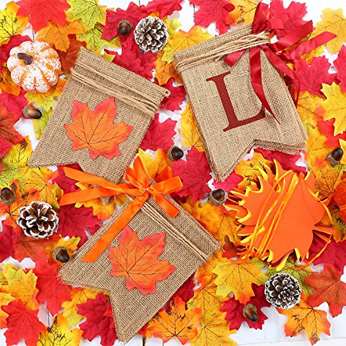 4 Pieces Thanksgiving Fall Decorations Burlap Thankful Banner Happy Fall Banner Pumpkins Maple Leaves Acorn Banner Felt Maple Leaves Garland Banner for Thanksgiving Decorations