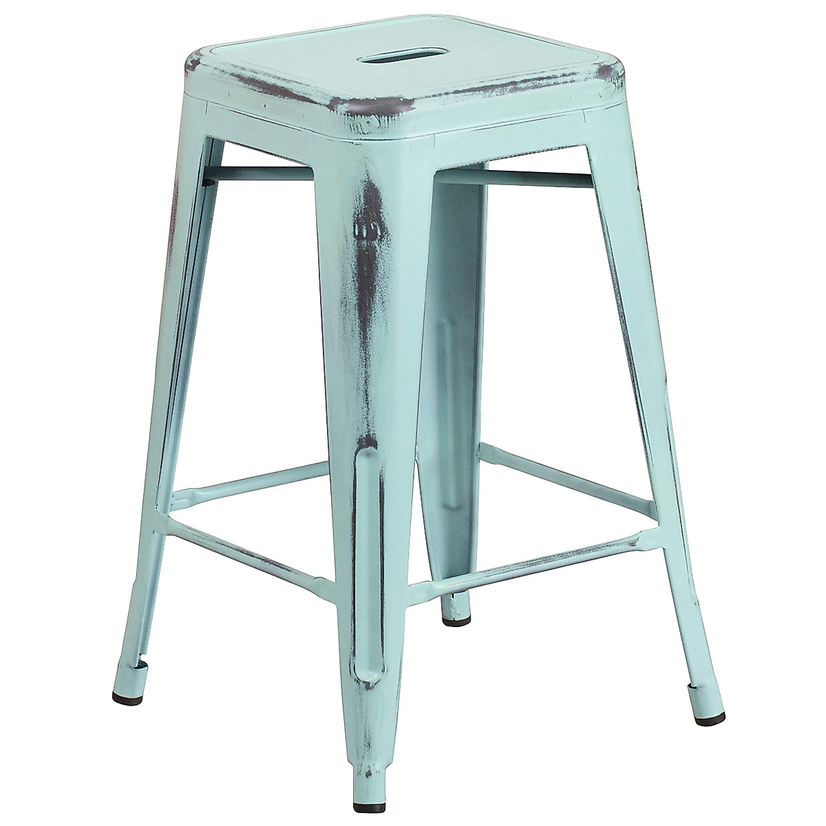 EMMA + OLIVER Commercial Grade 24" H Backless Distressed Green-Blue Metal Indoor-Outdoor Stool
