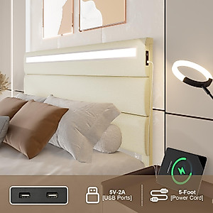 Kallabe King Size Bed Frame with LED Lights, Upholstered Bed Frame with Charging Station and Linen Fabric Tufted Headboard, Wood Slats Support, Noise-Free, Easy Assembly, No Box Spring Needed, Beige