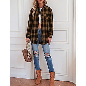 Bozanly Button Down Mid Long Plaid Flannel Shirts for Women Lapel Long Sleeve Loose Check Jacket Shacket(0635-Brown-M)