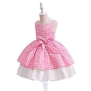 Princess Pink Dress for Girls Pink Costume Plaid Sleeveless Sundress with Accessories Child Movie Heroine Cosplay Costume Pink Dress Uniform Halloween Stage Performance Party Costume, Pink,150cm