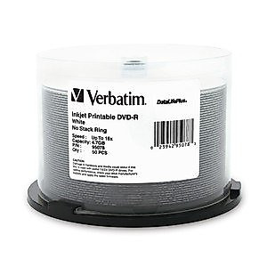 Verbatim DVD-R, 95078, 4.7GB, 16X, DataLifePlus White Inkjet, 50PK Spindle, TAA [Non - Retail Packaged]