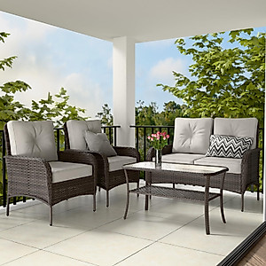 INTER HUT 4-Piece Outdoor Furniture Set - PE Rattan Wicker Loveseat, 2 Chairs, and Steel Table Conversation Set for Patio, Backyard, Poolside and Lawn