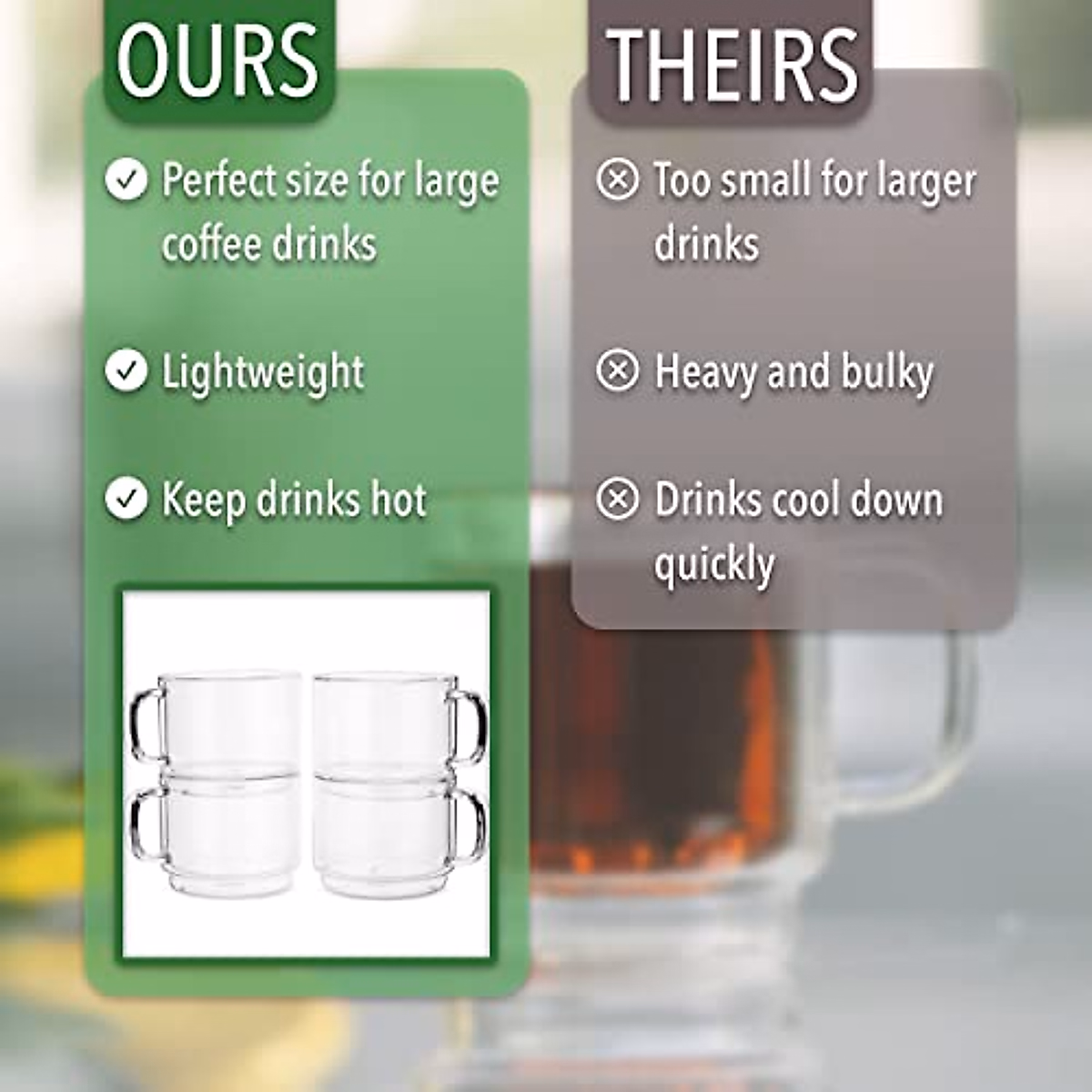 BTaT- Stackable Insulated Coffee Mug, Coffee Glass, Large, Set of 4 (16oz, 500ml), Double Wall Glass Coffee Cups, Tea Cups, Latte Cups, Glass Coffee Mug, Latte Mug, Clear Mugs, Mother's Day Gift