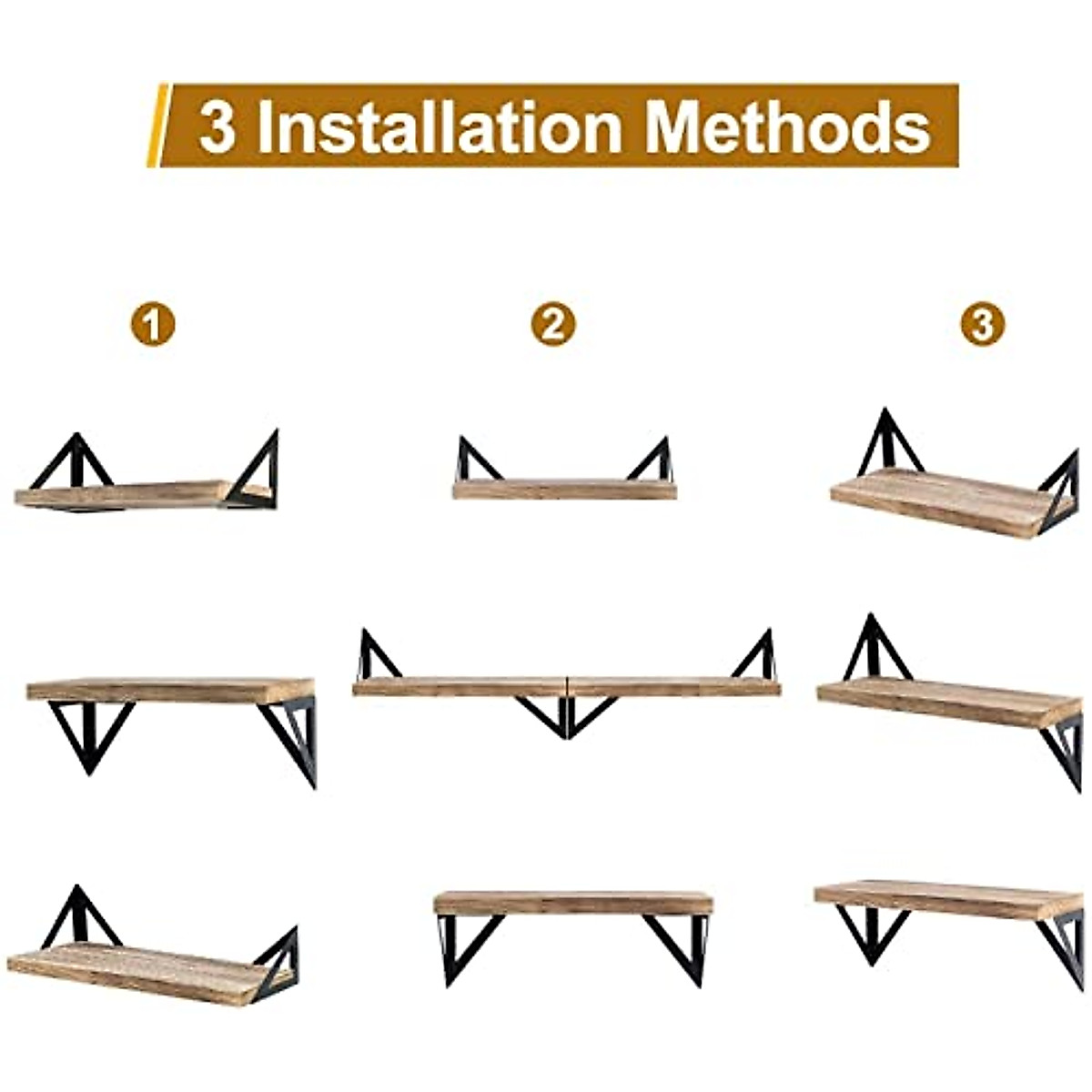 Klvied Floating Shelves Wall Mounted Set of 4, Rustic Wood Wall Shelves, Storage Shelves for Bedroom, Living Room, Bathroom, Kitchen, Office and More, Carbonized Black