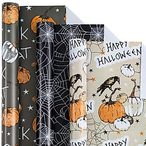 LeZakaa Halloween Wrapping Paper Roll - Mini Roll - Spooky Design with Pumpkins, Ravens, Spider Webs for Gift Wrap, DIY Craft - 17 x 120 inches - 3 Rolls (42.5 sq.ft.ttl.)