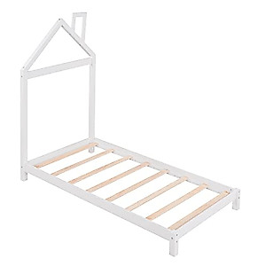 Twin Bed Frame/Kids Bed Frames with Headboard and Slats, Wood Platform Bed with House Shaped Headboard, Twin Size Bed for Kids, Boys, Girls, No Box Spring Needed(White)