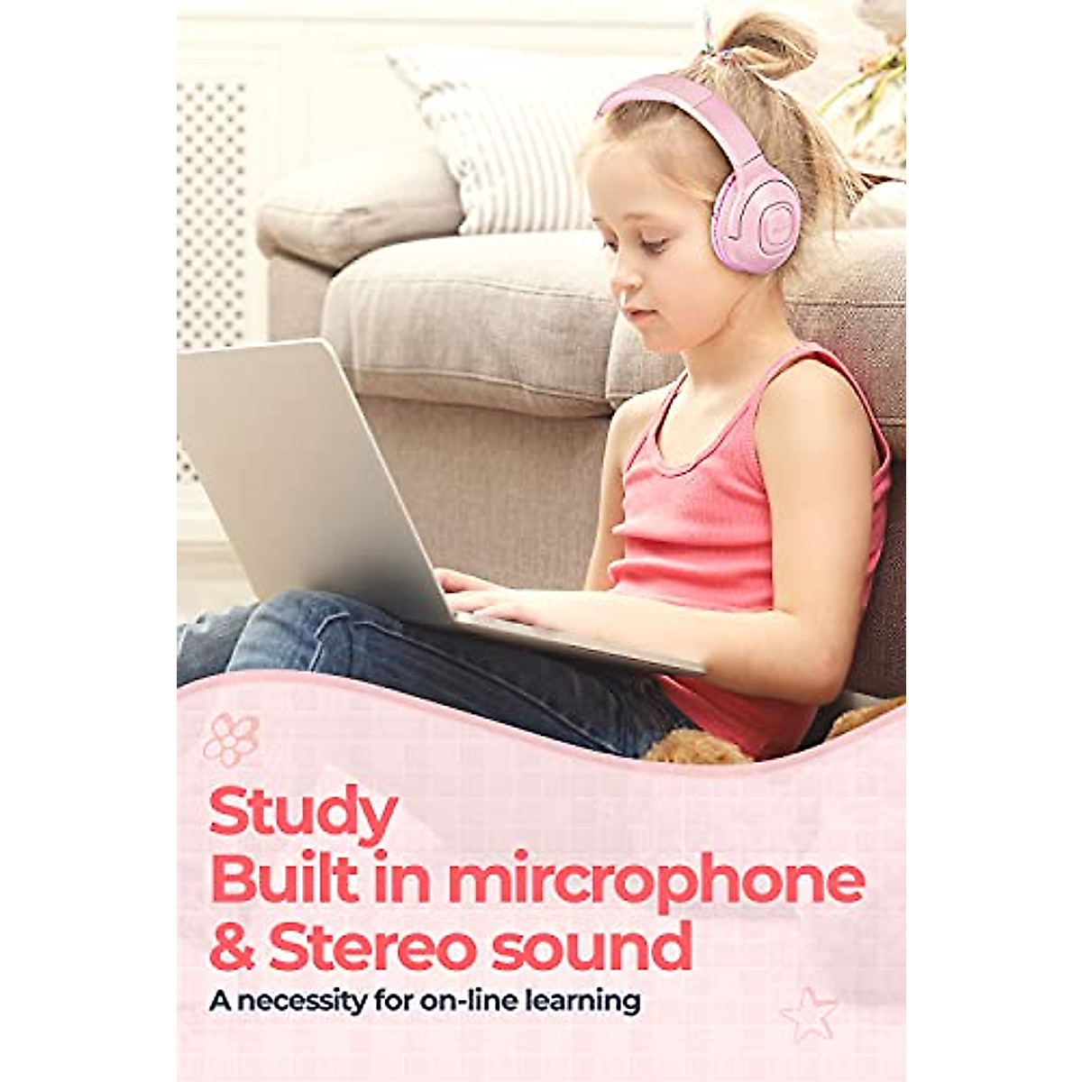 E5 Kids Wireless Headphones with Microphone, Bluetooth 5.0 Over Ear Wireless Kids Headphones with Volume Control 85dB/93dB, 40H Playtime,Sharing Function,for School/iPad/Tablet/Boys/Girls (Pink)