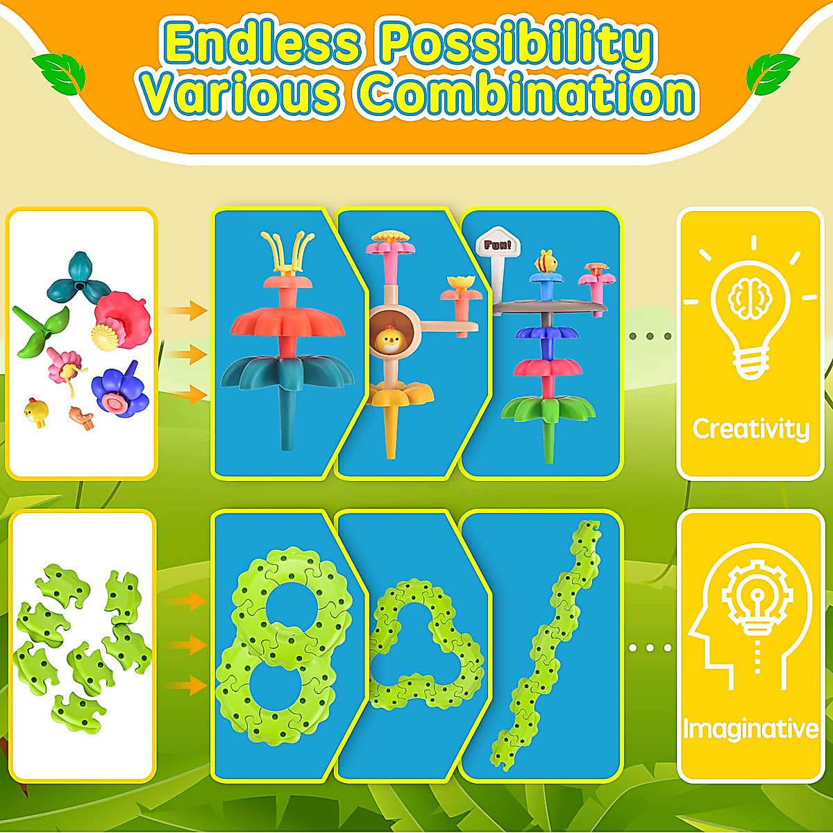 Kreadns Toys for Toddler Girls 2 3 4 Year Old, Flower Garden Building Toys Set, Gardening Pretend Toy, Creativity Stacking Block Games for Age 3+ yr Kids