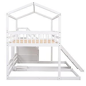 OYN Full Over Twin & Twin Floor Triple House Bunk Bed with Slide, Storage Staircase, Built-in Drawer and Shelf for Children Teens Boys and Girls ,Modren Bedroom Bedframe Furniture, White