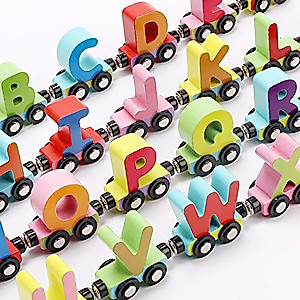 QUOXO Wooden Trackless Trains Set, Alphabets Numbers Magnetic Train Cars for Children Early Educational (Letter Train)