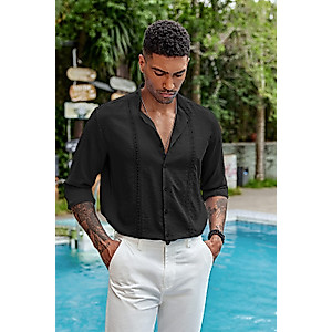 COOFANDY Men's Cuban Guayabera Shirt Long Sleeve Linen Cotton Shirt Hippie Beach Button Down Casual Shirts Black