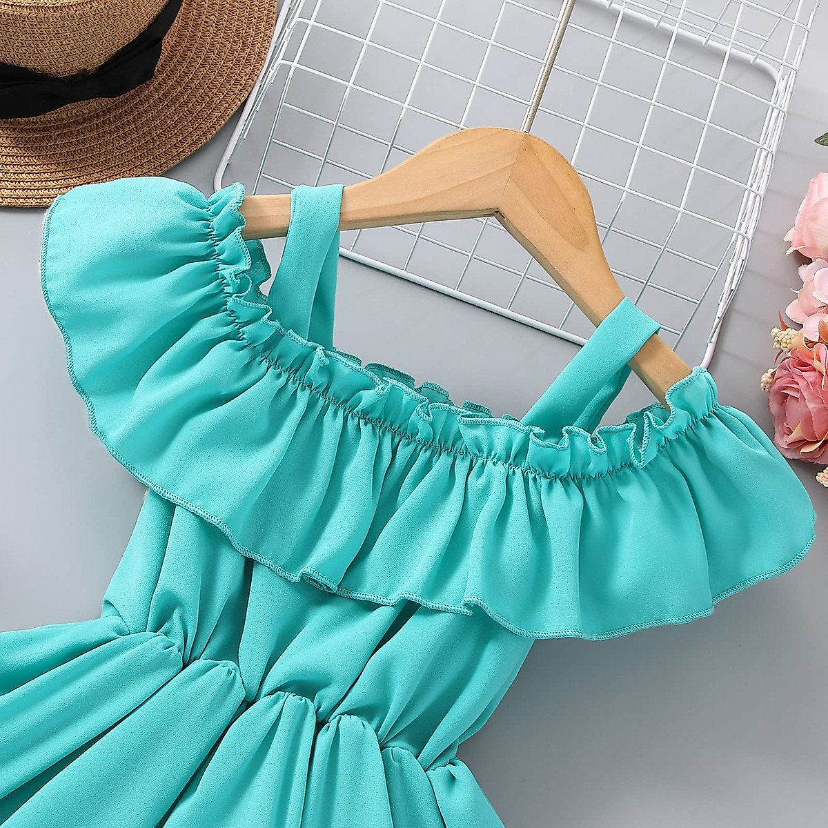 VINUOKER Toddler Baby Girls Princess Party Dress Little Girl Summer Solid Dress Off-Shoulder Suspender Sundress Toddler Girl Summer Outfit Tiffany Blue