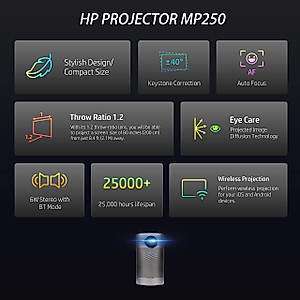 HP Mobile Projector | Portable for Home & Office | LED Home Theater & Bluetooth Speaker for Phone or Tablet | 80” Display w/ Auto Focus | Wireless HDMI, USB, Wi-Fi for Roku, Chromecast, or Firestick