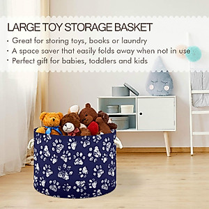 ALAZA Large Storage Basket for Toys White Dog Printed Blue Round Blanket Basket Laundry Hamper Canvas Organizer Bin Box Cotton Rope Collapsible Bucket Pillow Home Decor