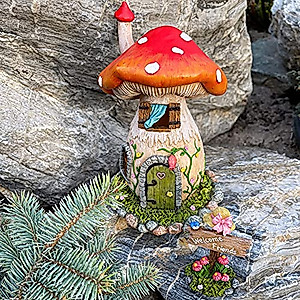 Mood Lab Fairy Garden - Mushroom House Kit with Miniature Welcome Sign - Accessories Set of 2 pcs - 7.6 Inch Tall House