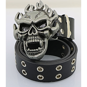 NORICAP Men And Women Metal Skull Head Leather Buckle Belt Waist Band Jeans Decorative Punk Belt (black)