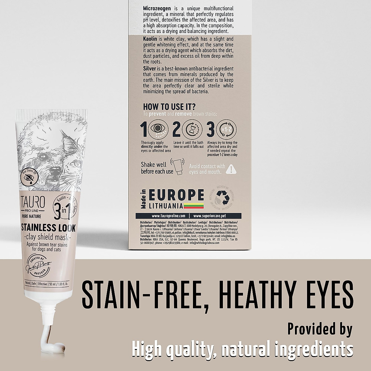 Tauro ProLine Pure Nature Stainless Look Clay Shield Mask Tear Stain Remover and Eye Cleaner, Grooming Product Ideal for All Dogs and Cats Eyes, Ears, Mouth Area Suitible for Home or Professional Use