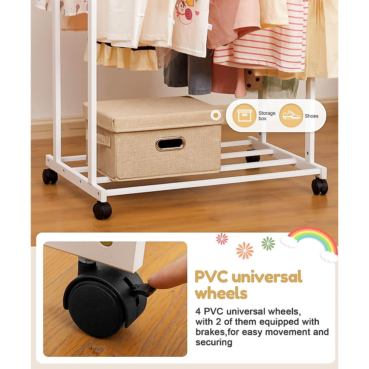 Cozivolife Kids Clothing Rack Bamboo with 2 Hanging Rods and 4 Hooks, Kids Dress Up Rack on Wheels, Small Child Garment Rack for Playroom,Toddlers Bedroom (White)