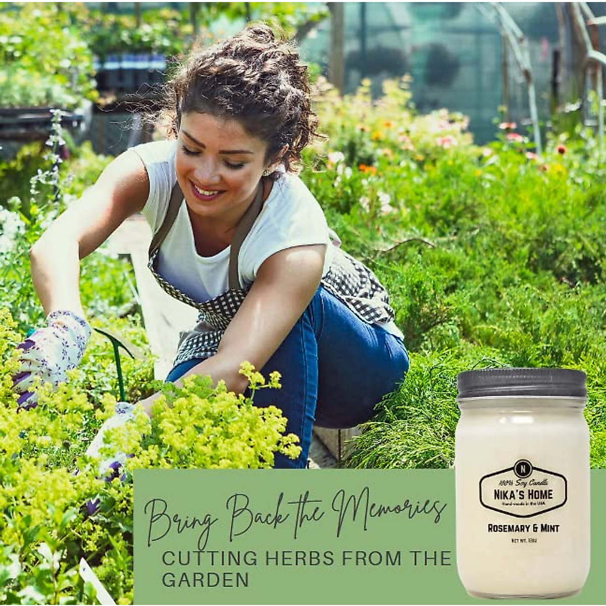 Nika's Home Rosemary Mint Soy Candle 12oz Mason Jar Non-Toxic White Soy Candle Handmade, Long Burning 50-60 Hours Highly Scented All Natural, Clean Burning Large Candle Gift Décor