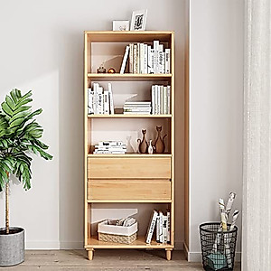 IOTXY Floorstanding Wooden Bookcase with Legs - 67" Tall Open Shelves Cube Billy Bookshelf with Drawers for Home and Office, Oak