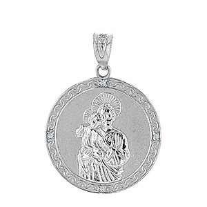 Saint Collection Fine 925 Sterling Silver CZ-Accented St Joseph Round Medal Pendant (1.15")