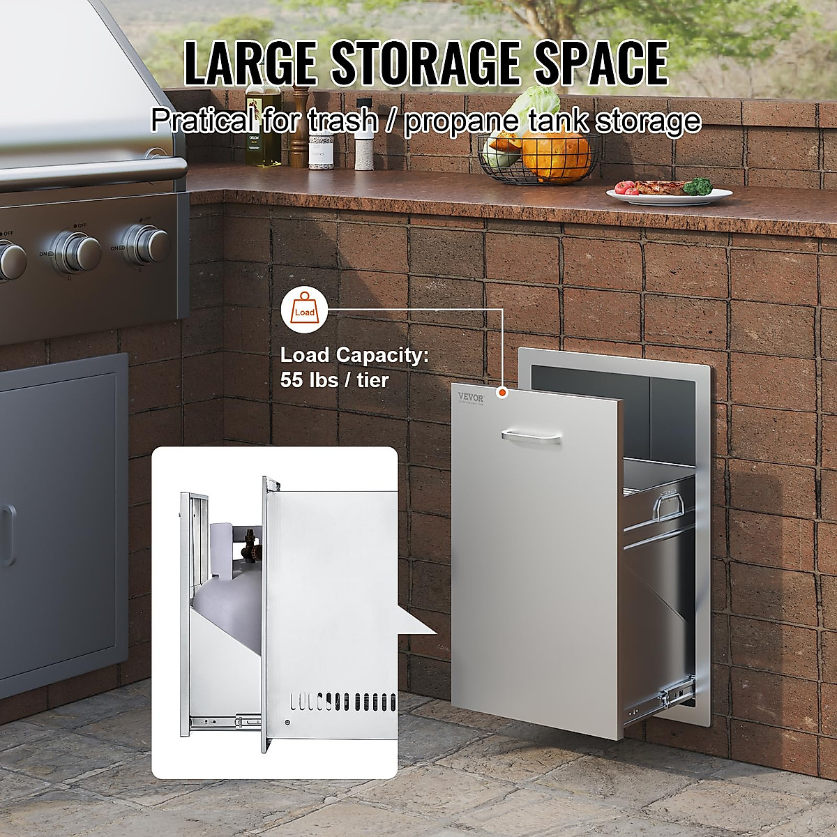VEVOR Outdoor Kitchen Trash Drawer 16Wx22Hx16 D, Propane Tank Drawer, Stainless Steel Pull Out Trash Drawer with Handle, Outdoor Kitchen Cabinets Trash Can Pull Out, Outdoor BBQ Island Trash Bin