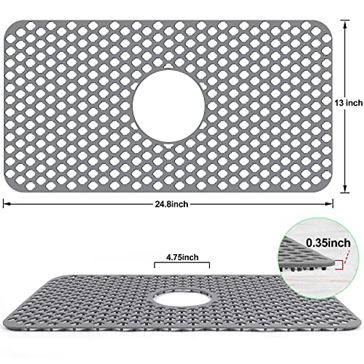 sink protectors for kitchen sink,Kitchen Sink Mats with Center Hole, Food Grade Silicone, 1 Non-Slip Heat Resistant Foldable Sink Fitting for Stainless Steel or Ceramic Sink Bottom (Grey 24.8"*13")